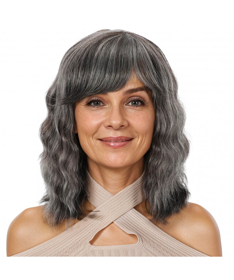 Perruque humaine de 12 pouces en vague grise avec frange