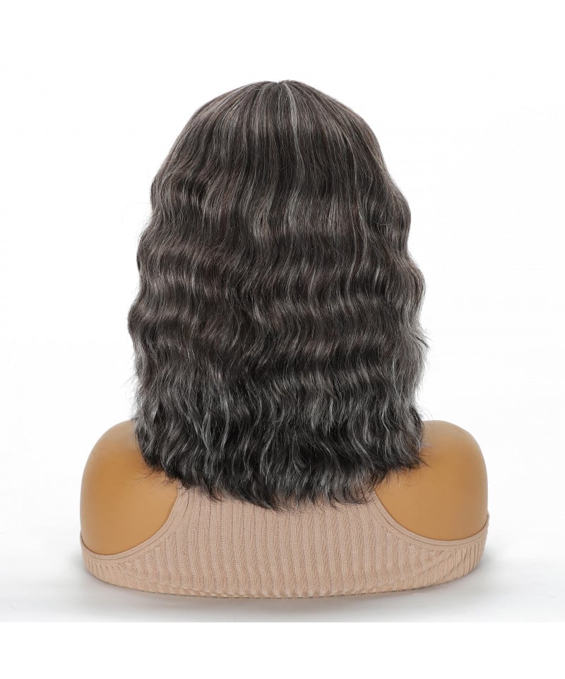 Perruque humaine de 12 pouces en vague grise avec frange